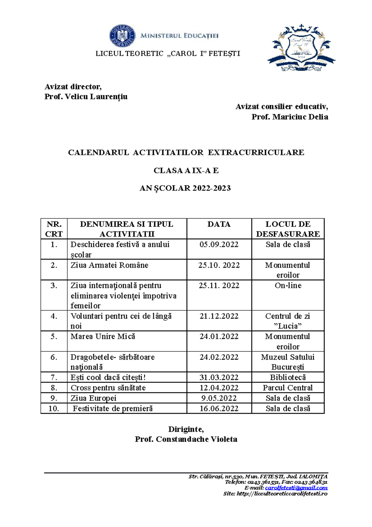 Extracurricular IX E - LICEUL TEORETIC „CAROL I” FETEŞTI Avizat ...