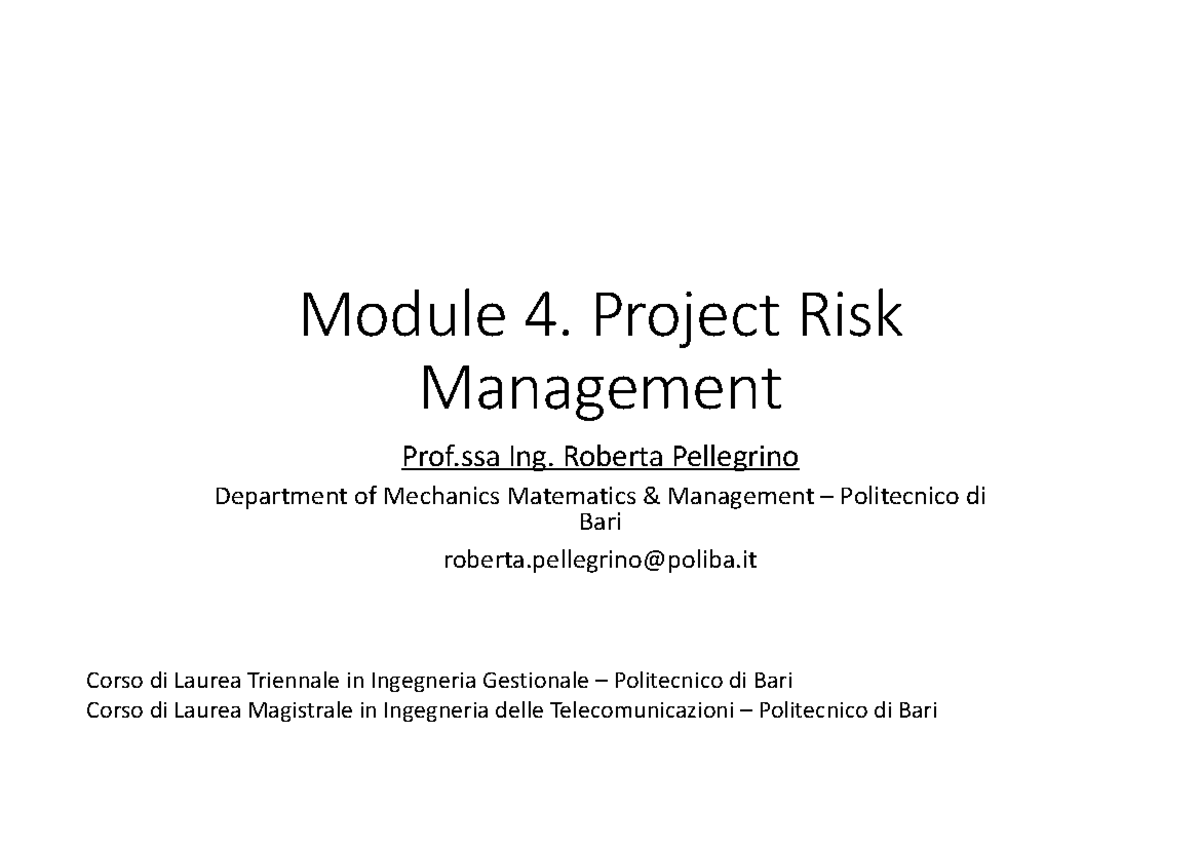 4. Project risk management - Module 4. Project Risk Management Prof Ing ...
