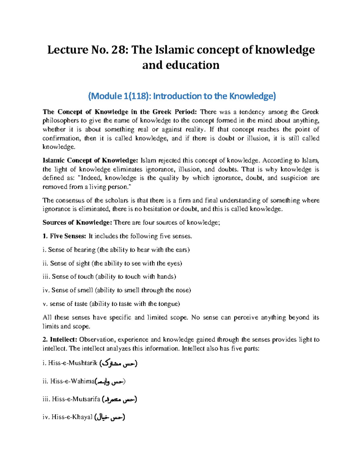 Handouts Lecture 28 Isl 202 English Lecture No 28 The Islamic Concept Of Knowledge And