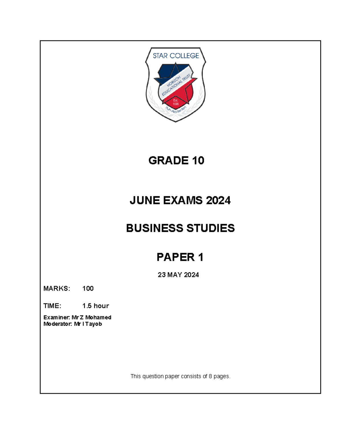 2024 BSTD P1 Grade 10 JUNE QP GRADE 10 JUNE EXAMS 2024 BUSINESS