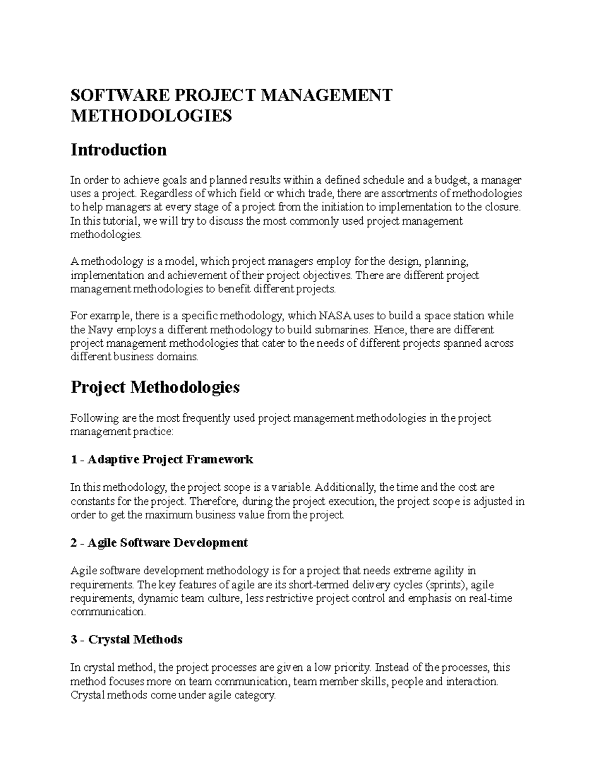 Project Management Methodologies - SOFTWARE PROJECT MANAGEMENT ...