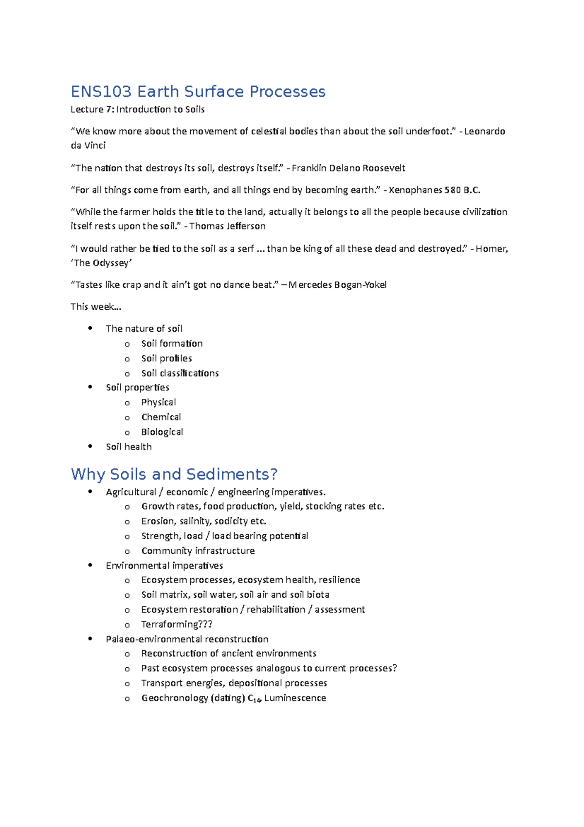 ENS103 Lecture 7 Week 7 - Introduction to Soils - ENS103 Earth Surface ...