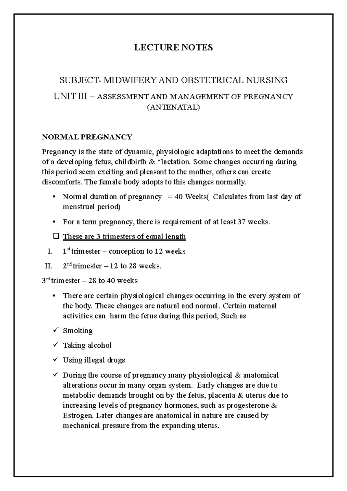 ANC CARE - LECTURE NOTES SUBJECT- MIDWIFERY AND OBSTETRICAL NURSING ...