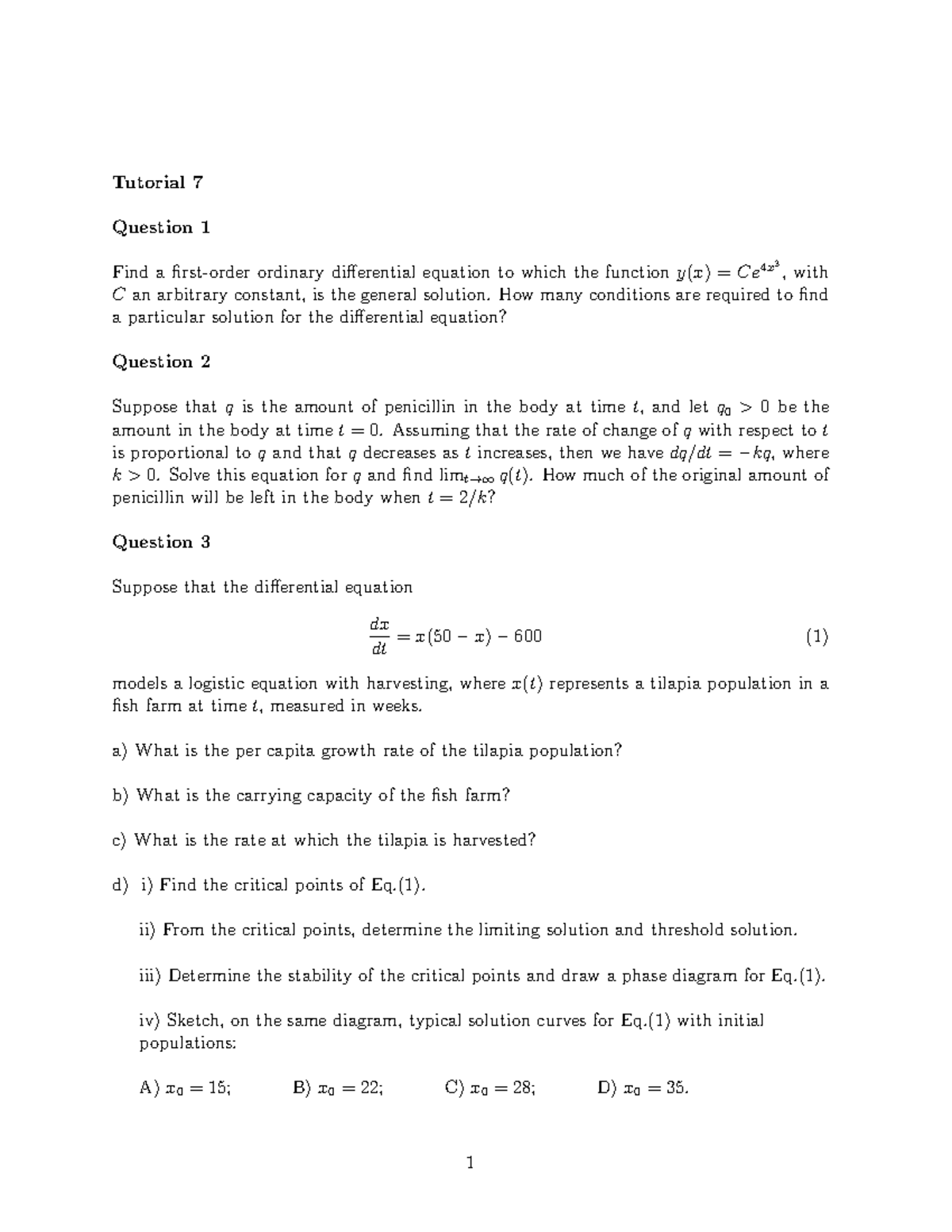 Tut7 - Dr Muller - Tutorial 7 Question 1 Find a first-order ordinary differential equation to ...