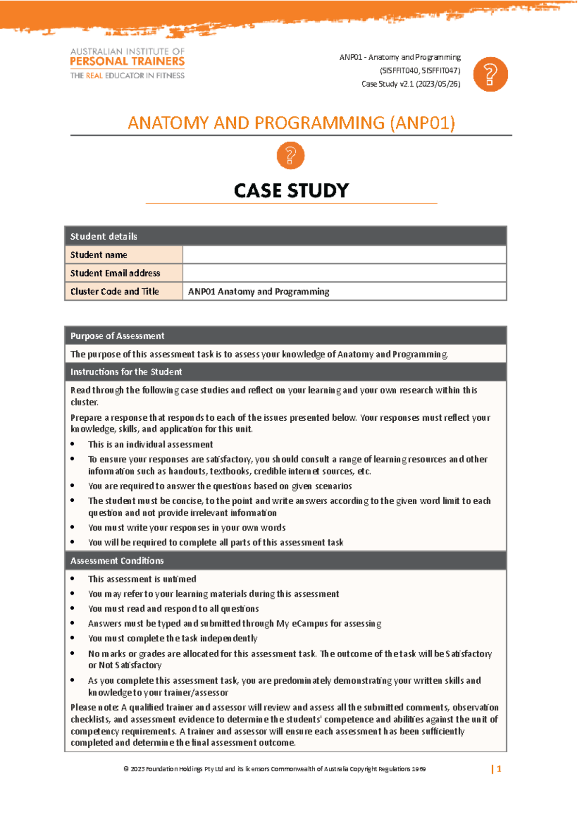 ANP01 - Case Study (FIT) - (SISFFIT040, SISFFIT047) Case Study v2 (2023/05/26) ANATOMY AND - Studocu