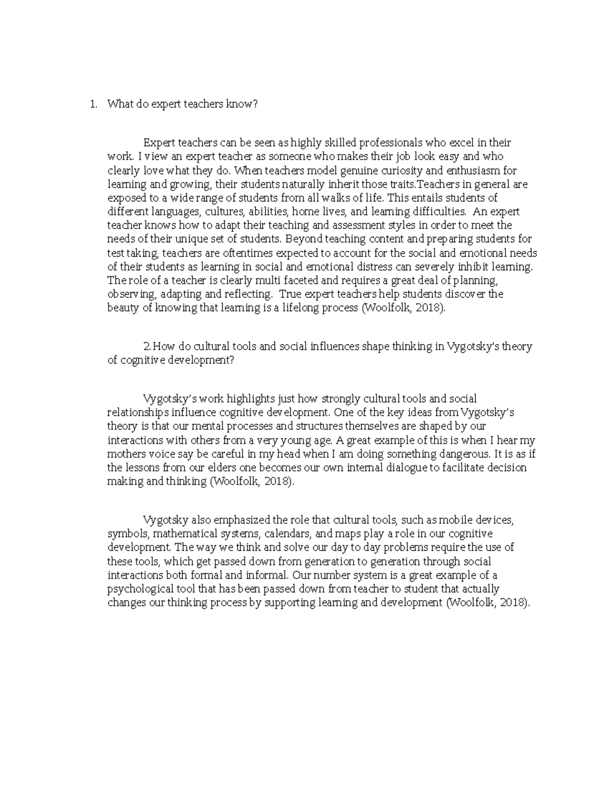 1-2 Short Paper Study Questions - What do expert teachers know? Expert ...