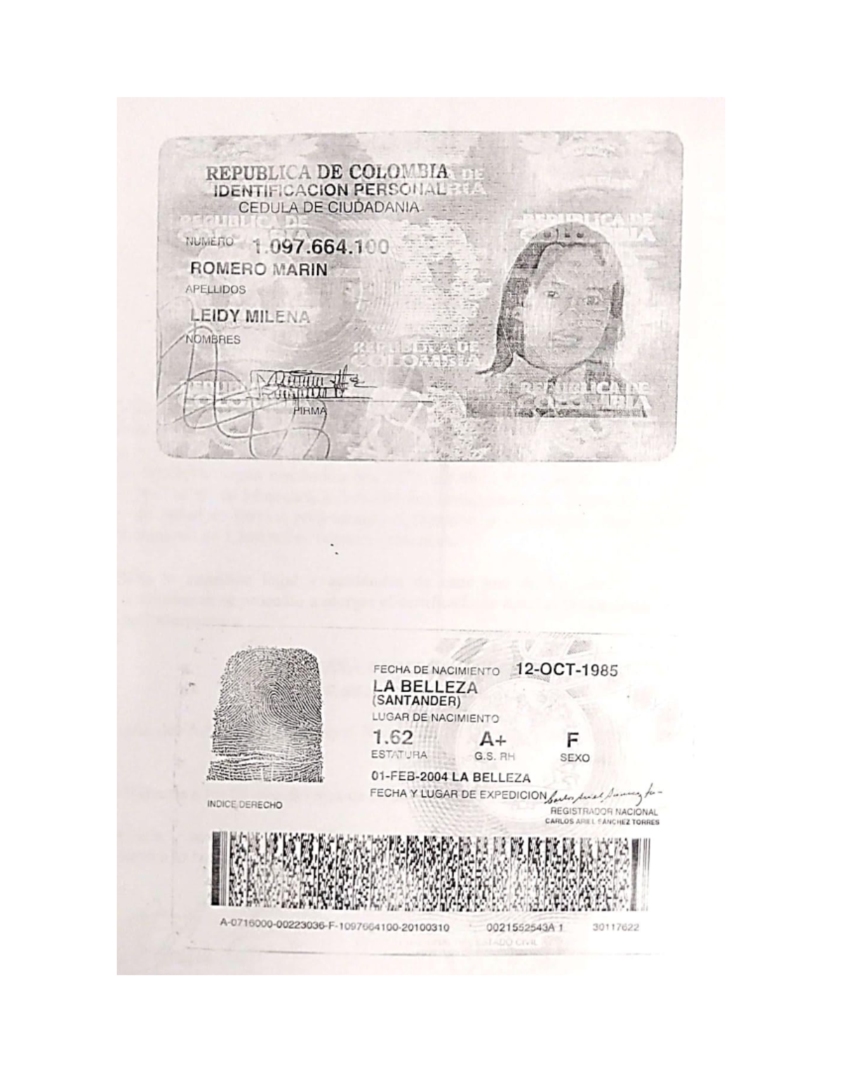 2. Cedula Leidy romeroo - salud ocupacional - REPUBLICA DE COLOMBIA IDENTIFICACION PERSONAL ...