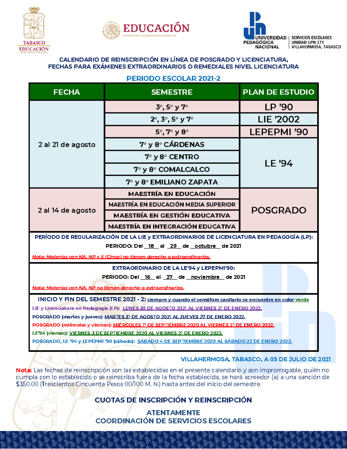 Calendario de Reinscipción y Extraordinarios 2021-2 - ATENTAMENTE COORDINACI”N DE SERVICIOS ...