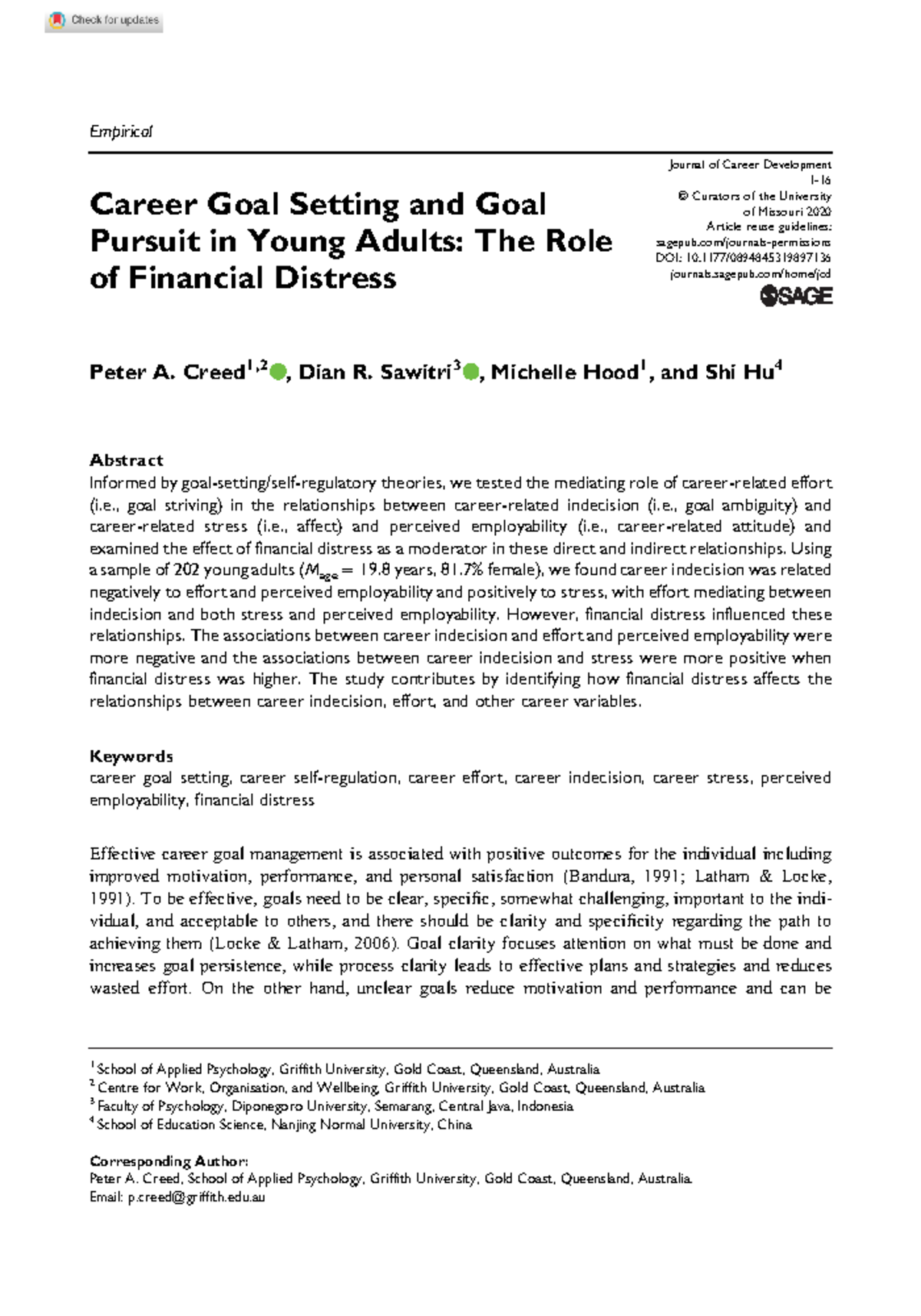 Creed 2020 - n/a - Empirical Career Goal Setting and Goal Pursuit in ...