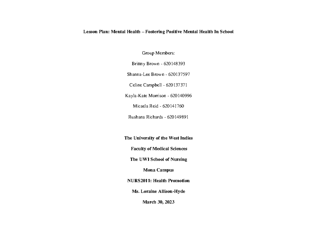 Group 15-Lesson Plan outline - Lesson Plan: Mental Health – Fostering ...