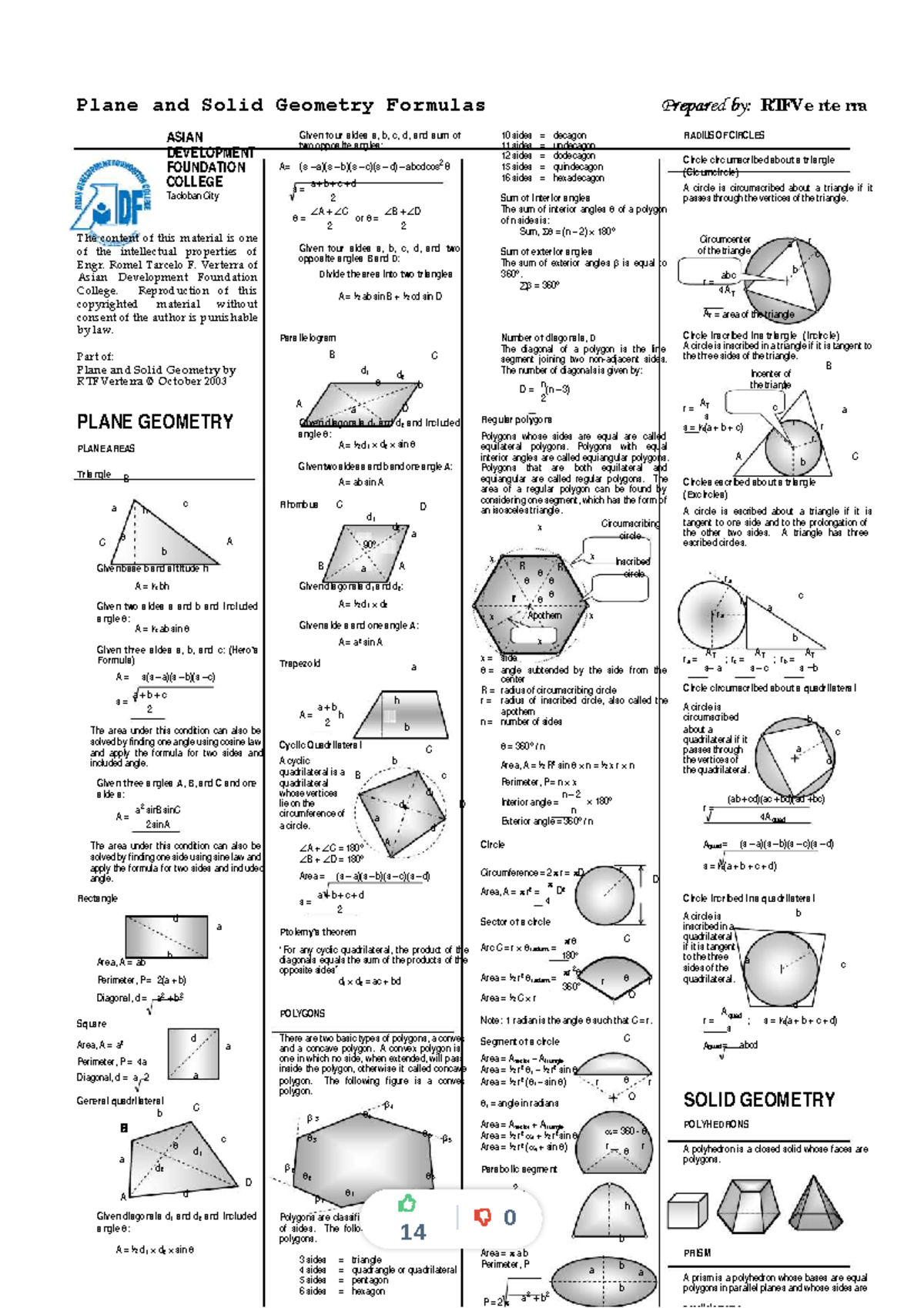 Solid-geometry-formulas compress - Plane and Solid Geometry Formulas PrPrPrPrPr epared bepared ...