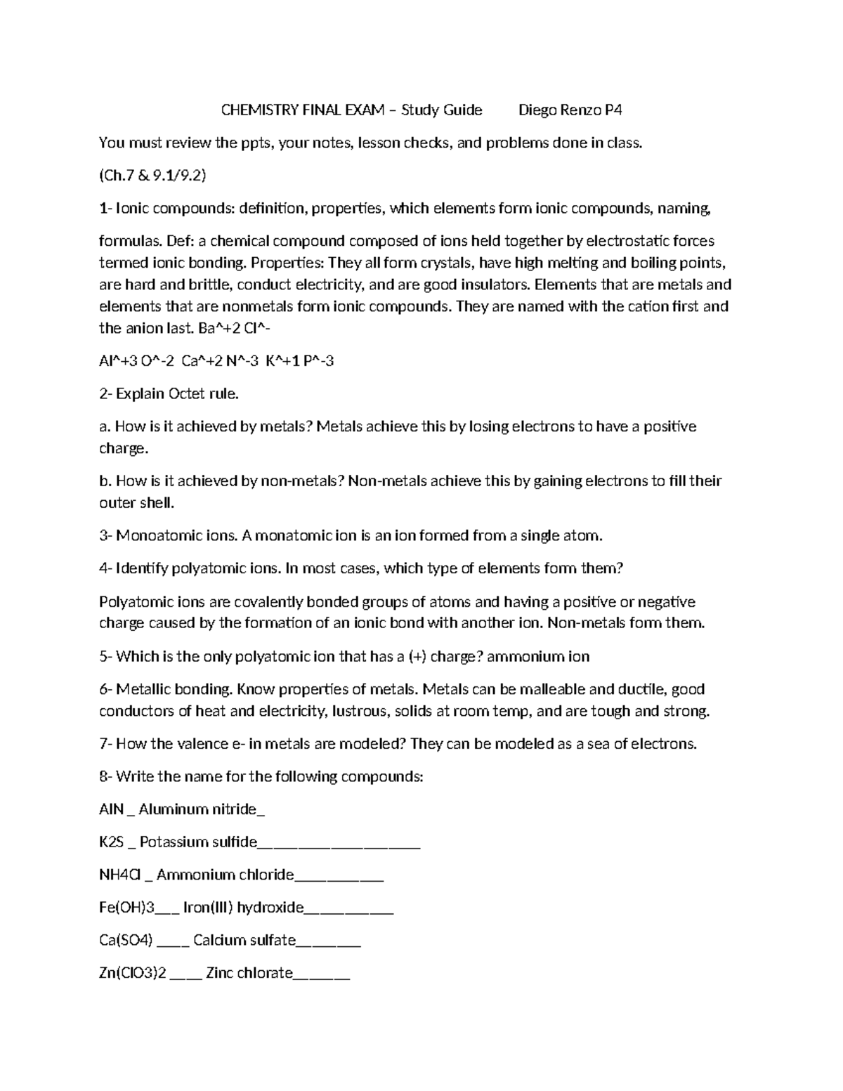 Chemistry Final EXAM - exam - CHEMISTRY FINAL EXAM – Study Guide Diego ...
