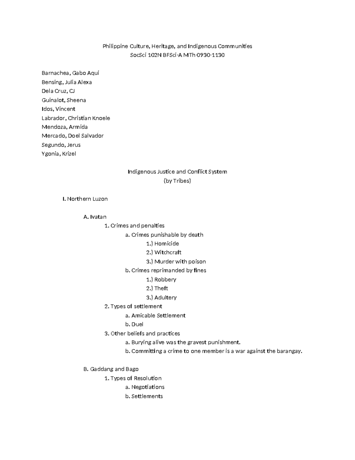 Indigenous Justice and Conflict System - Outline - Philippine Culture ...