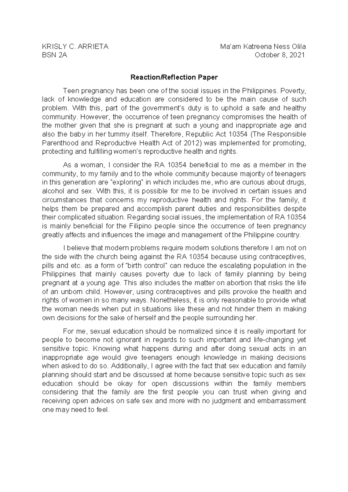 NCM 64 Reflection Paper - KRISLY C. ARRIETA Ma’am Katreena Ness Olila ...