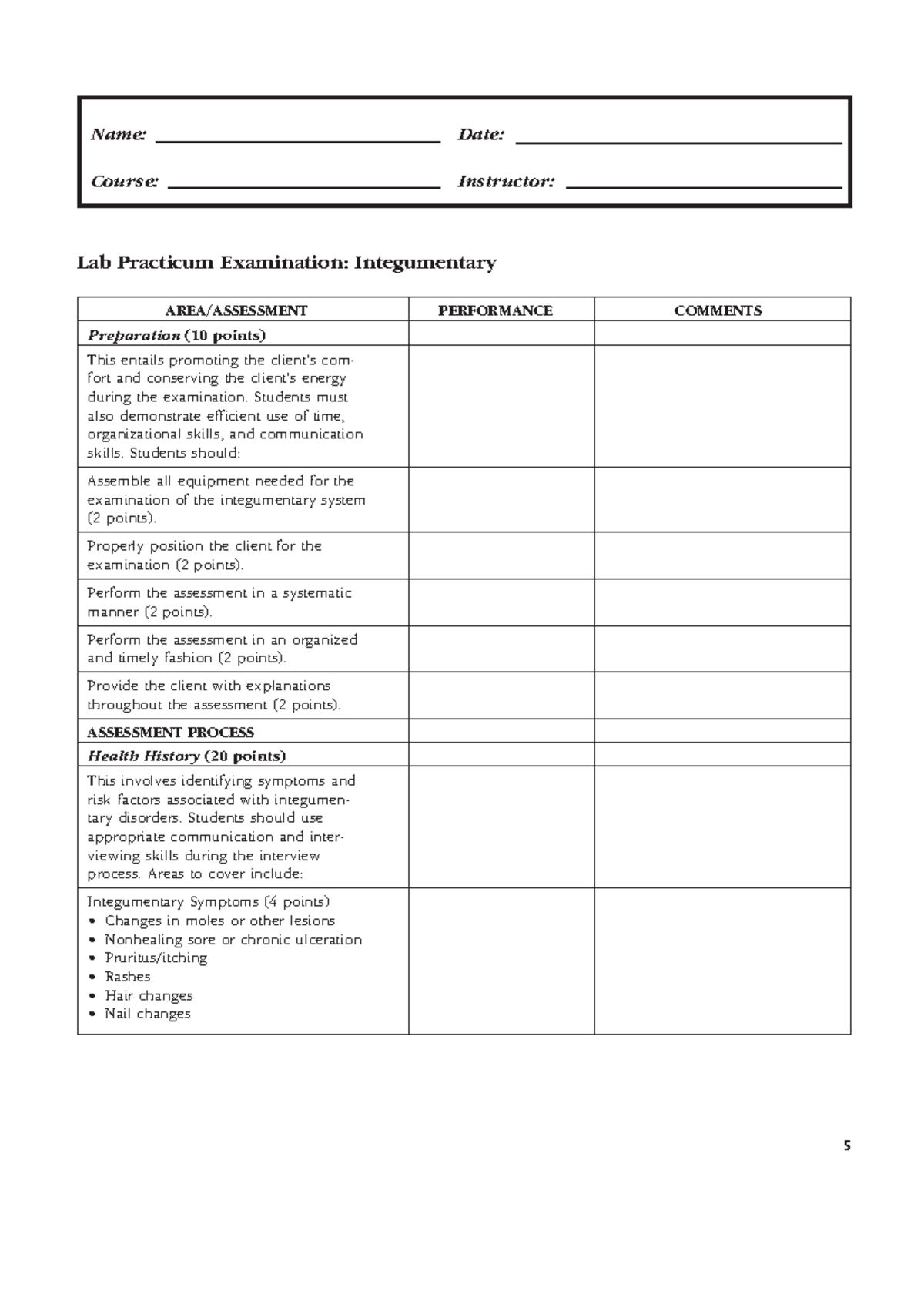 Lab Practicum Checklist - AREA/ASSESSMENT PERFORMANCE COMMENTS ...