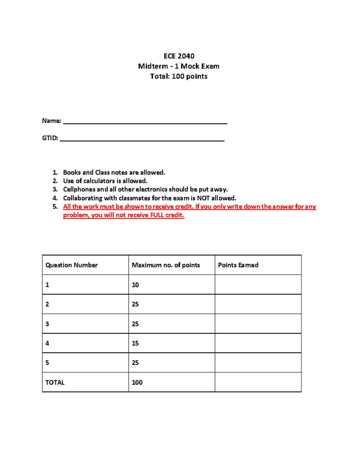 Midterm 1 Mock Exam - ECE 20 40 Midterm - 1 Mock Exam Total: 100 points Name: - Studocu