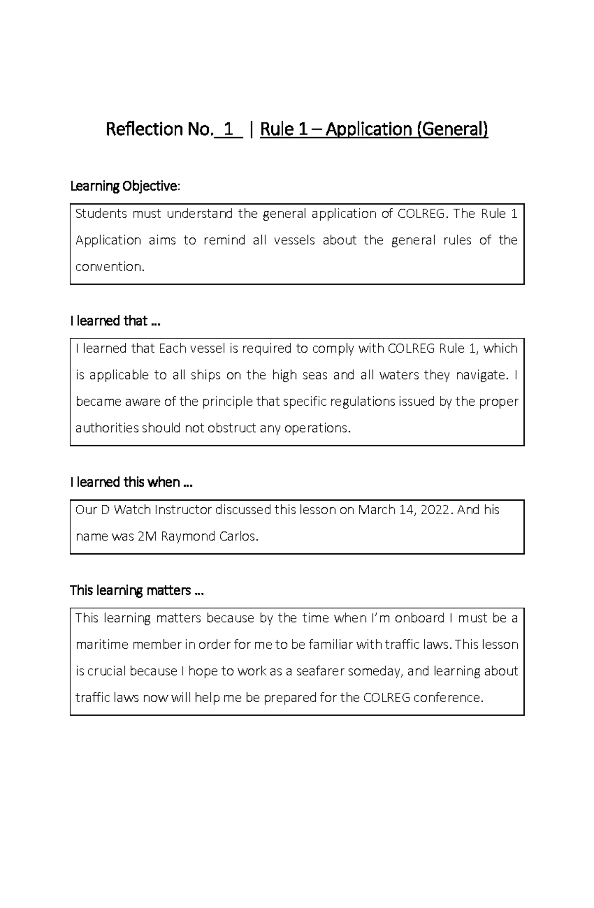 Rule 1 Reflection - Reflection No._ 1 _ | Rule 1 – Application (General ...