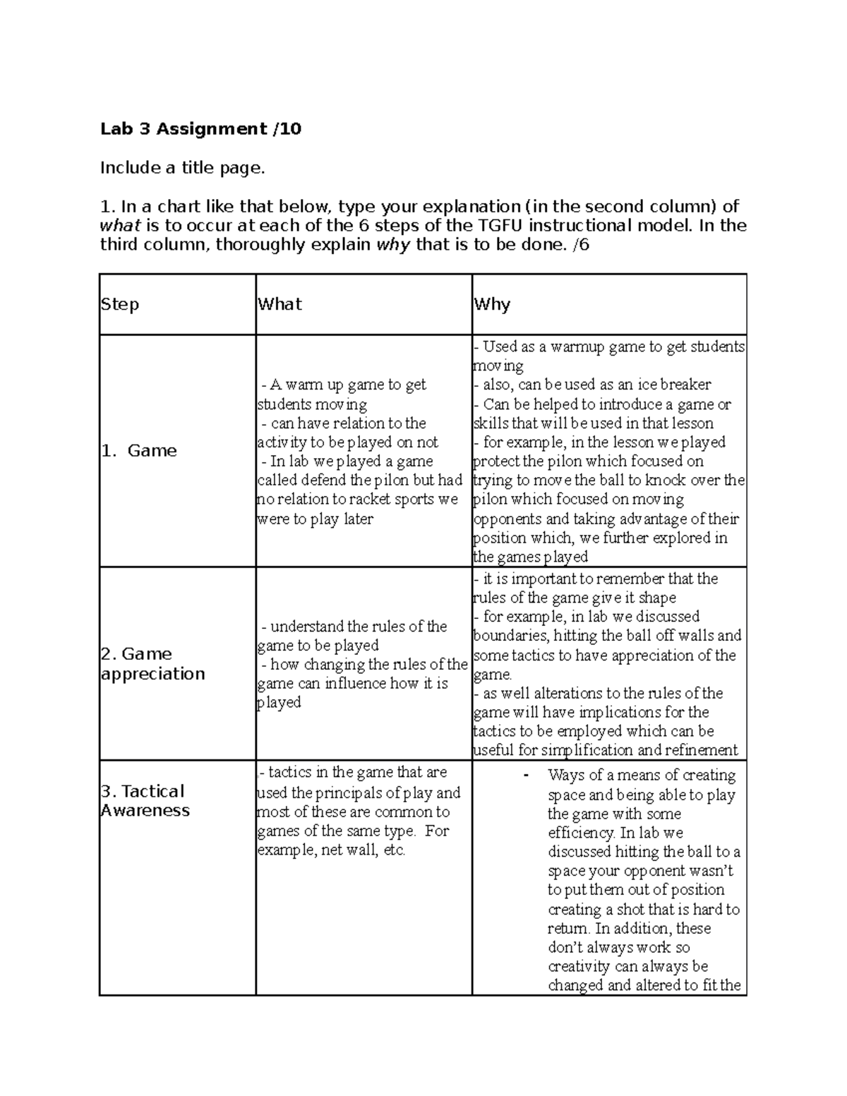 Lab 3 Assignment KINE 3P00 - Lab 3 Assignment / Include a title page ...