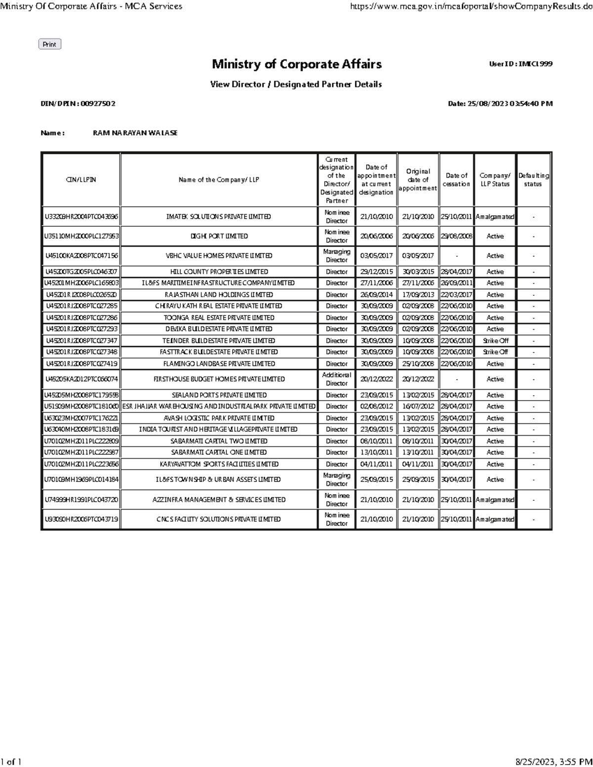 Ram Walse - MCA Services - Print Ministry of Corporate Affairs User ID ...