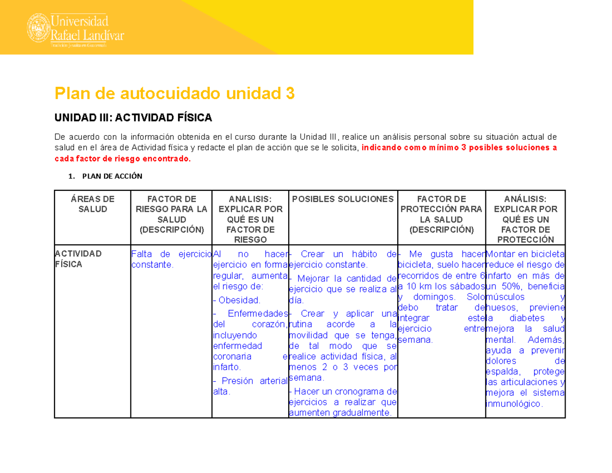 Plan de autocuidado unidad 3 - 1. PLAN DE ACCIÓN ÁREAS DE SALUD FACTOR ...