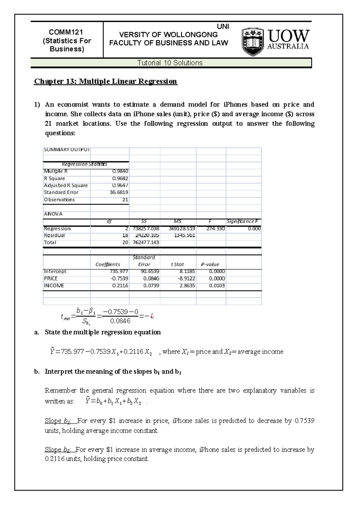 COMM121 T 10 Solutions ch 13 - COMM (Statistics For Business) UNI ...
