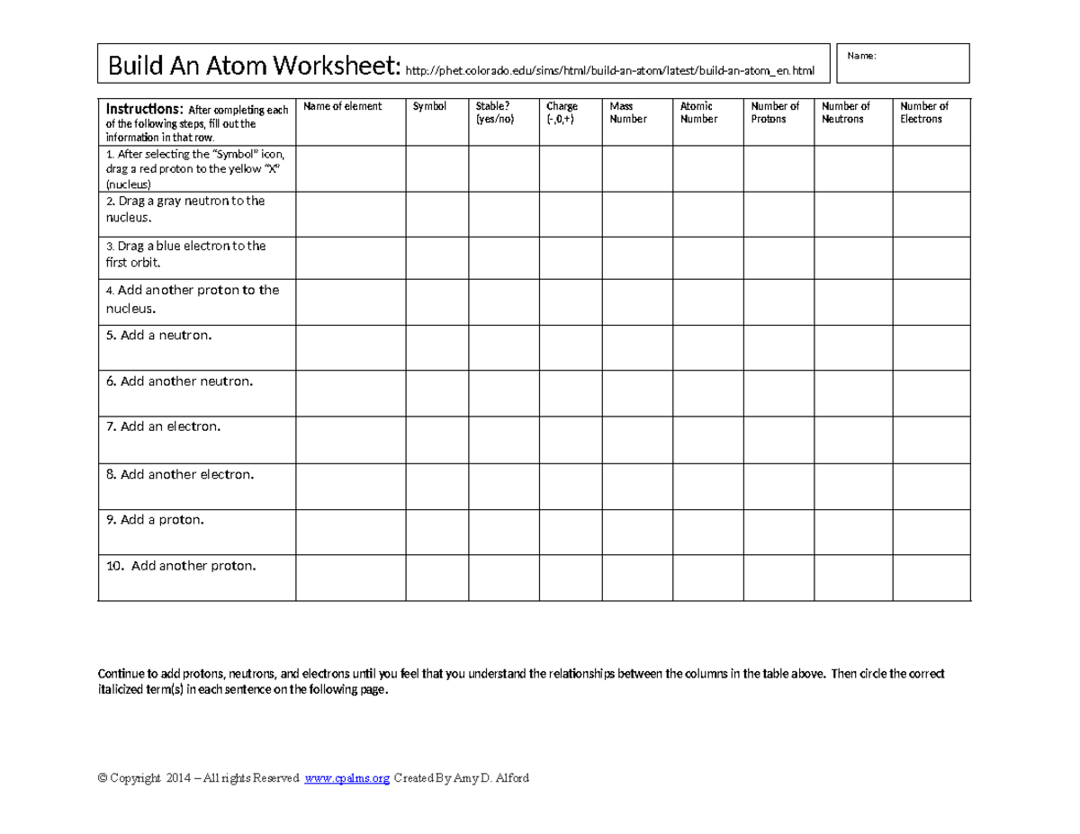 Build an atom worksheet Ph ET - Instructions: After completing each of the following steps, fill ...