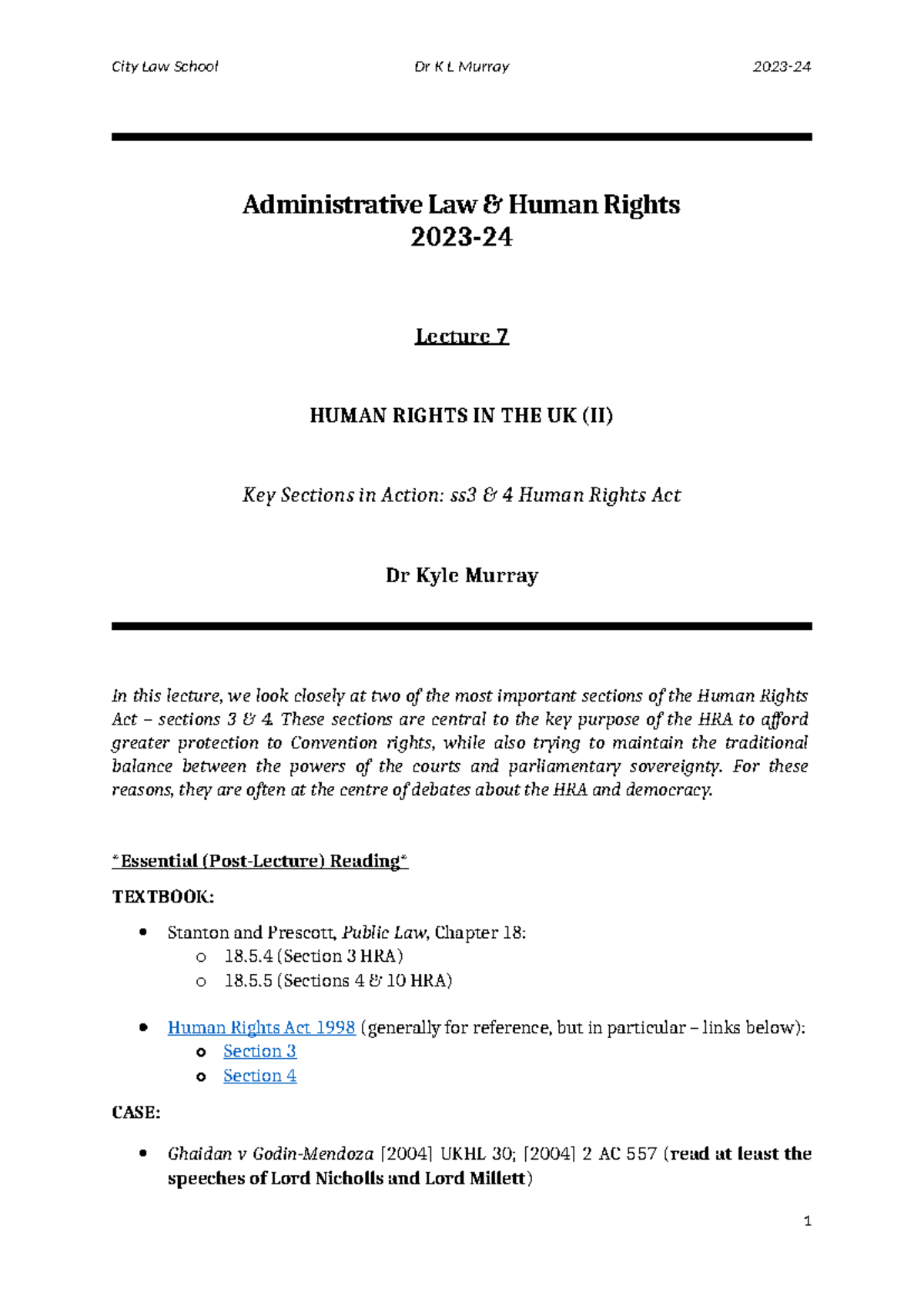 Admin HR 23-24 Human Rights Lecture 2 Handout - Administrative Law & Human Rights 2023- Lecture ...