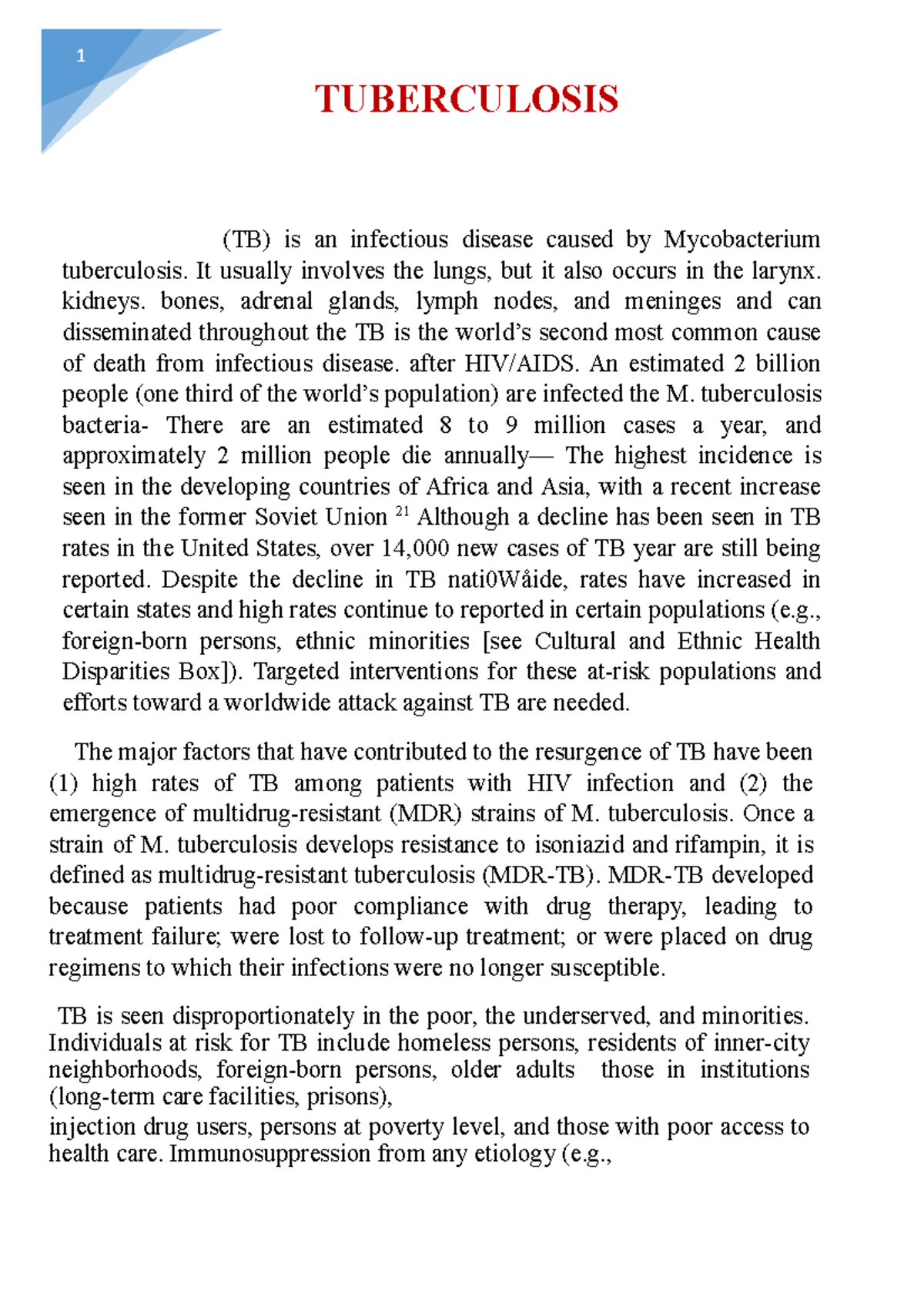 Tuberculosis - TUBERCULOSIS (TB) is an infectious disease caused by ...