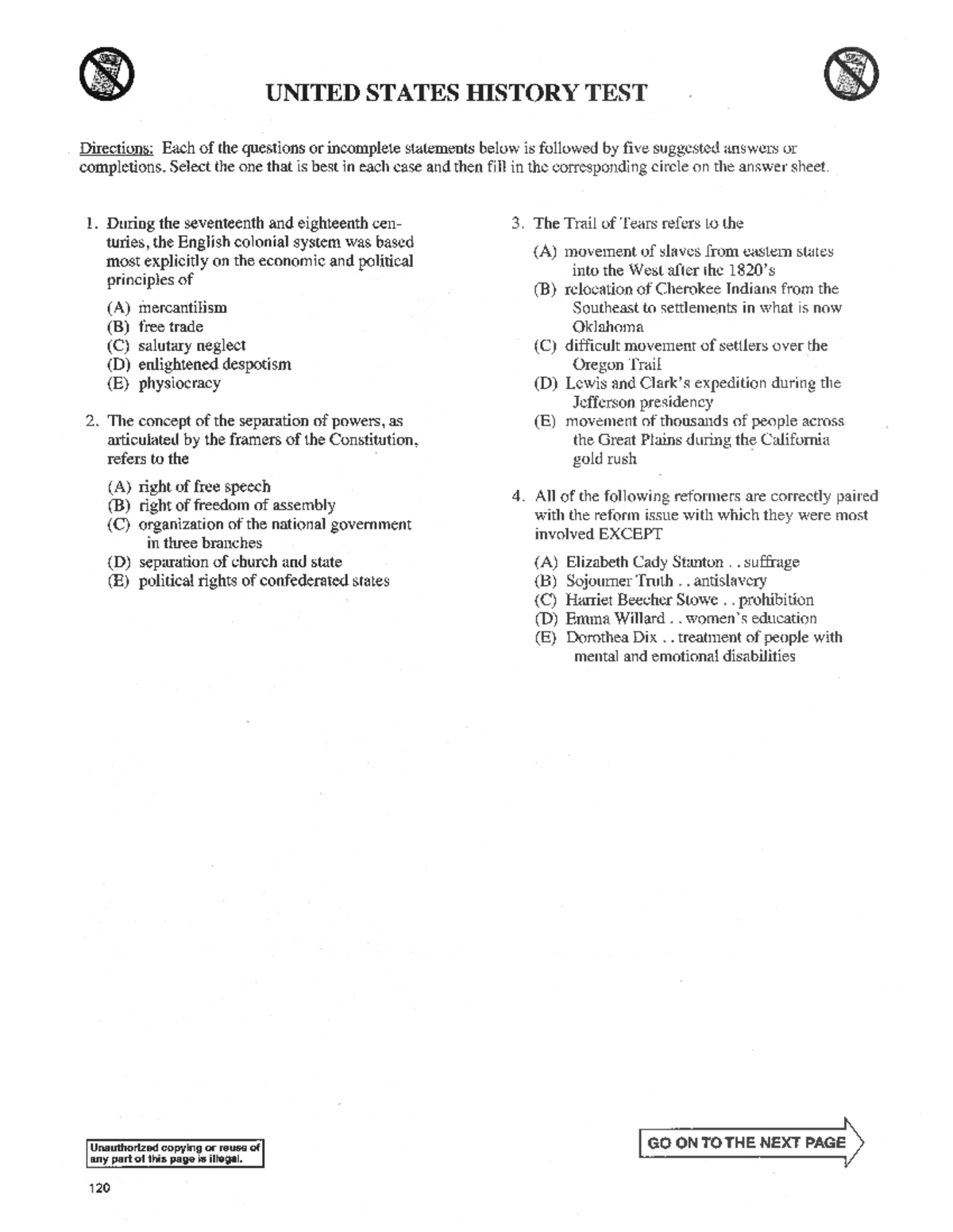 Test 3 - practice test - UNITED STATES HISTORY TEST Directions: Each of ...