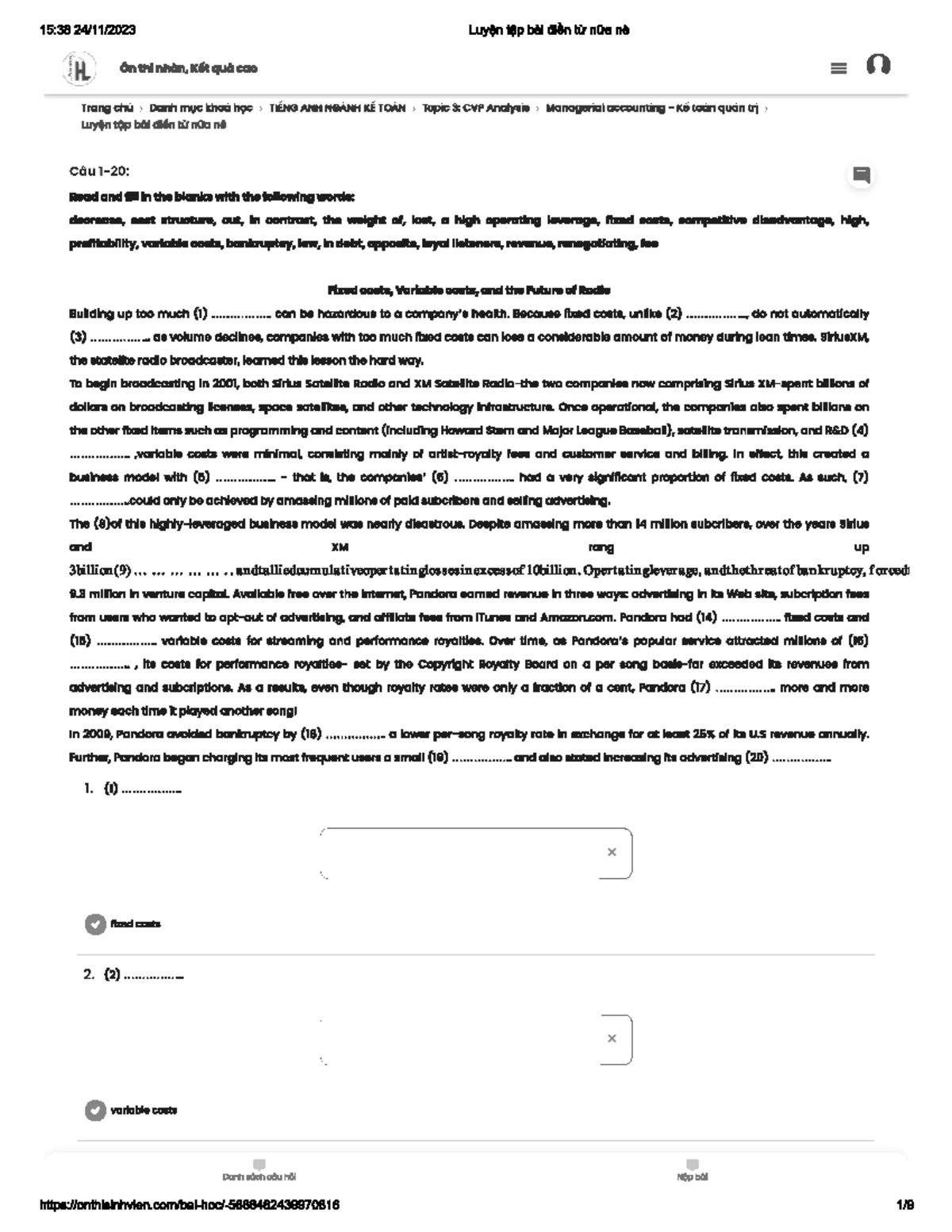 bt điền từ tacn - ktqt - Tiếng anh chuyên ngành - Studocu