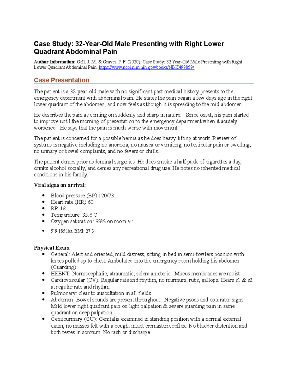 Nur 230 Abdominal Case study - Case Study: 32-Year-Old Male Presenting ...