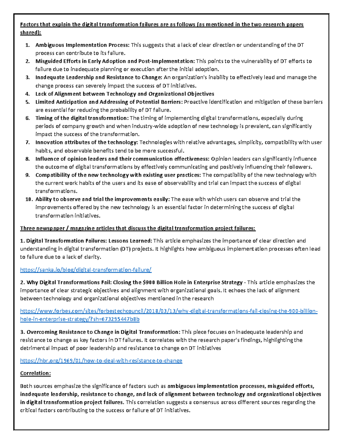 Assignment 2 Group 3 Beacon - Factors that explain the digital transformation failures are as ...