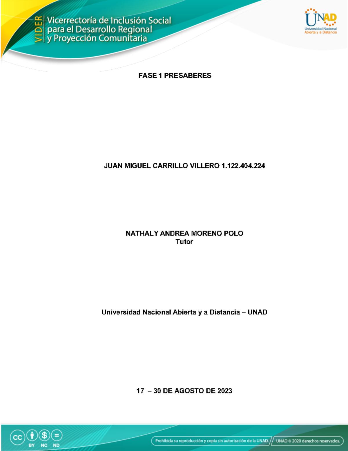 FASE 1 - Presaberes Fundamentos JUAN Carrillo - FASE 1 PRESABERES JUAN MIGUEL CARRILLO VILLERO ...