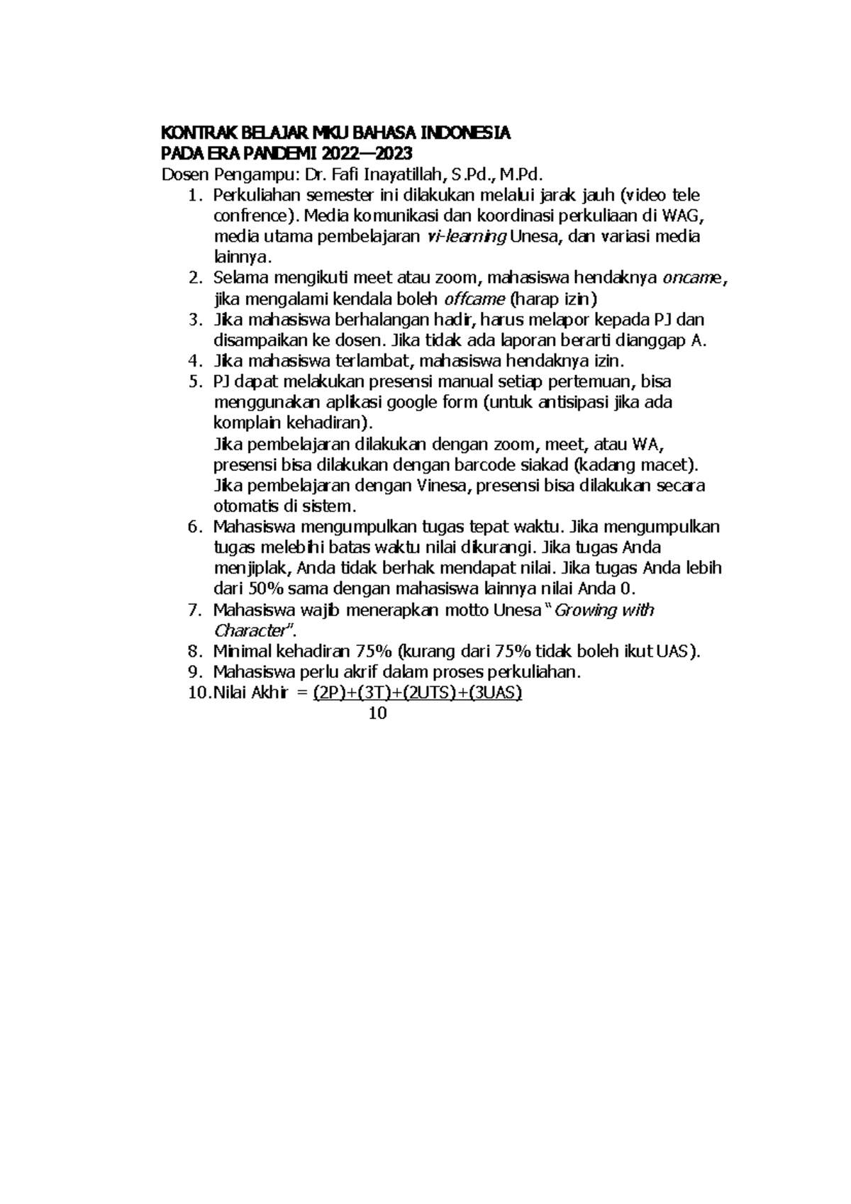 Kontrak Belajar MKU Bahasa Indonesia 2022 - KONTRAK BELAJAR MKU BAHASA ...