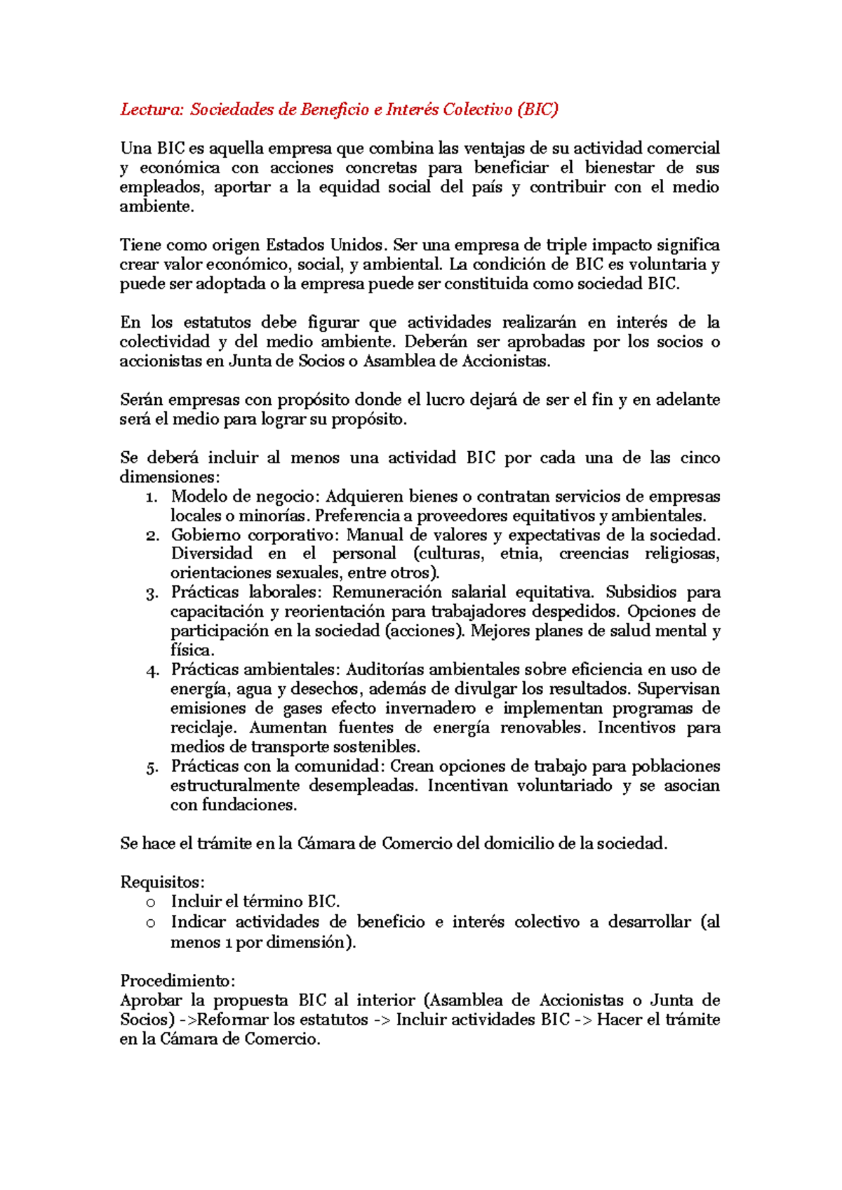 Lectura 1 (Resumen #1) - Lectura: Sociedades de Beneficio e Interés Colectivo (BIC) Una BIC es ...