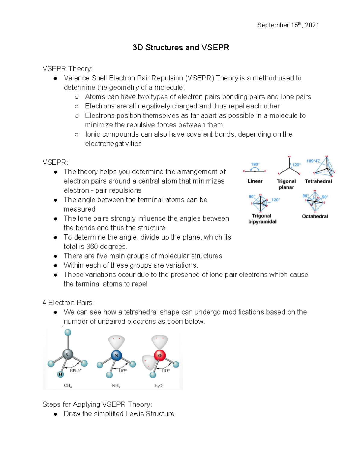 SCH4UA 3D Structures and Vsepr - September 15th, 2021 3D Structures and ...