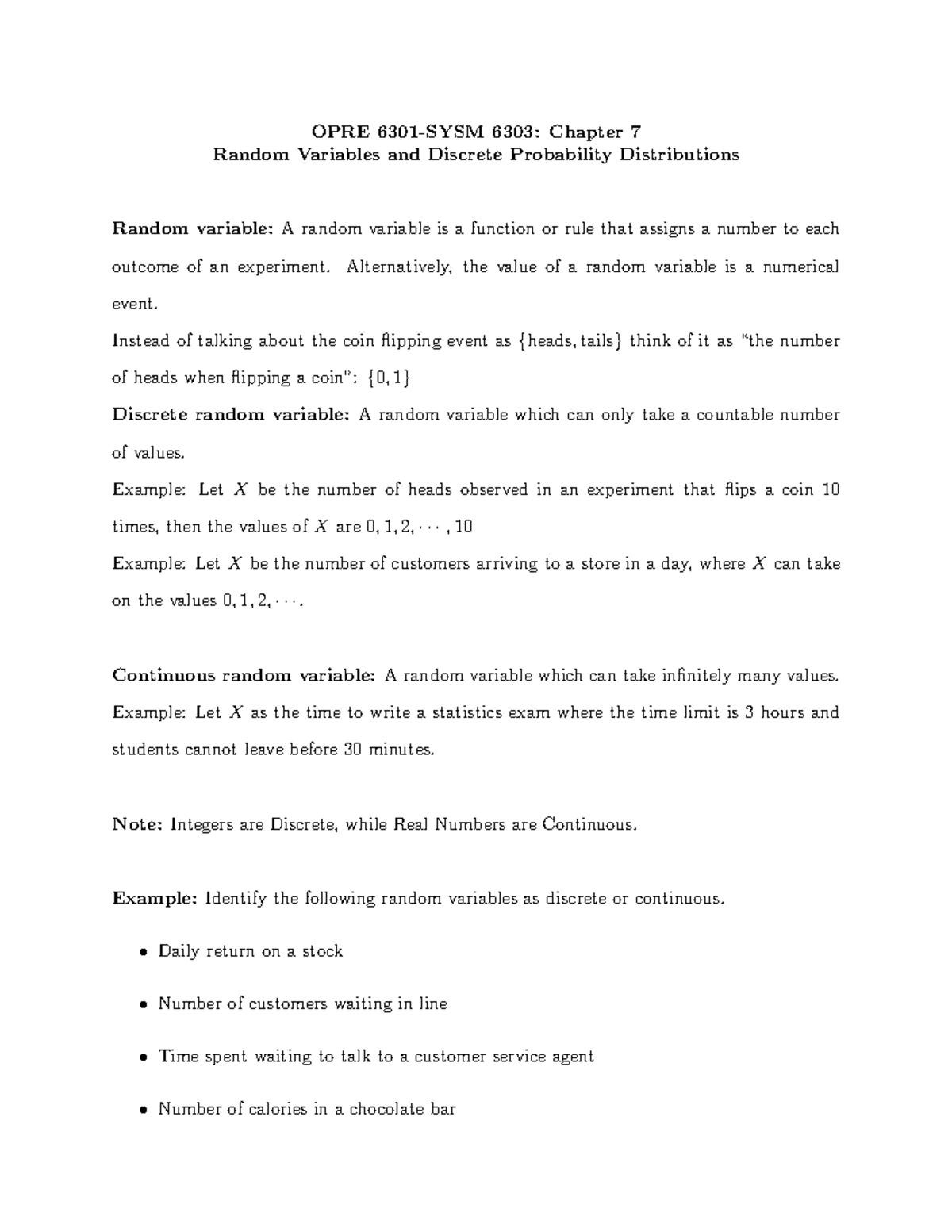 Chapter 07-Lecture - OPRE 6301 - OPRE 6301-SYSM 6303: Chapter 7 Random Variables and Discrete ...