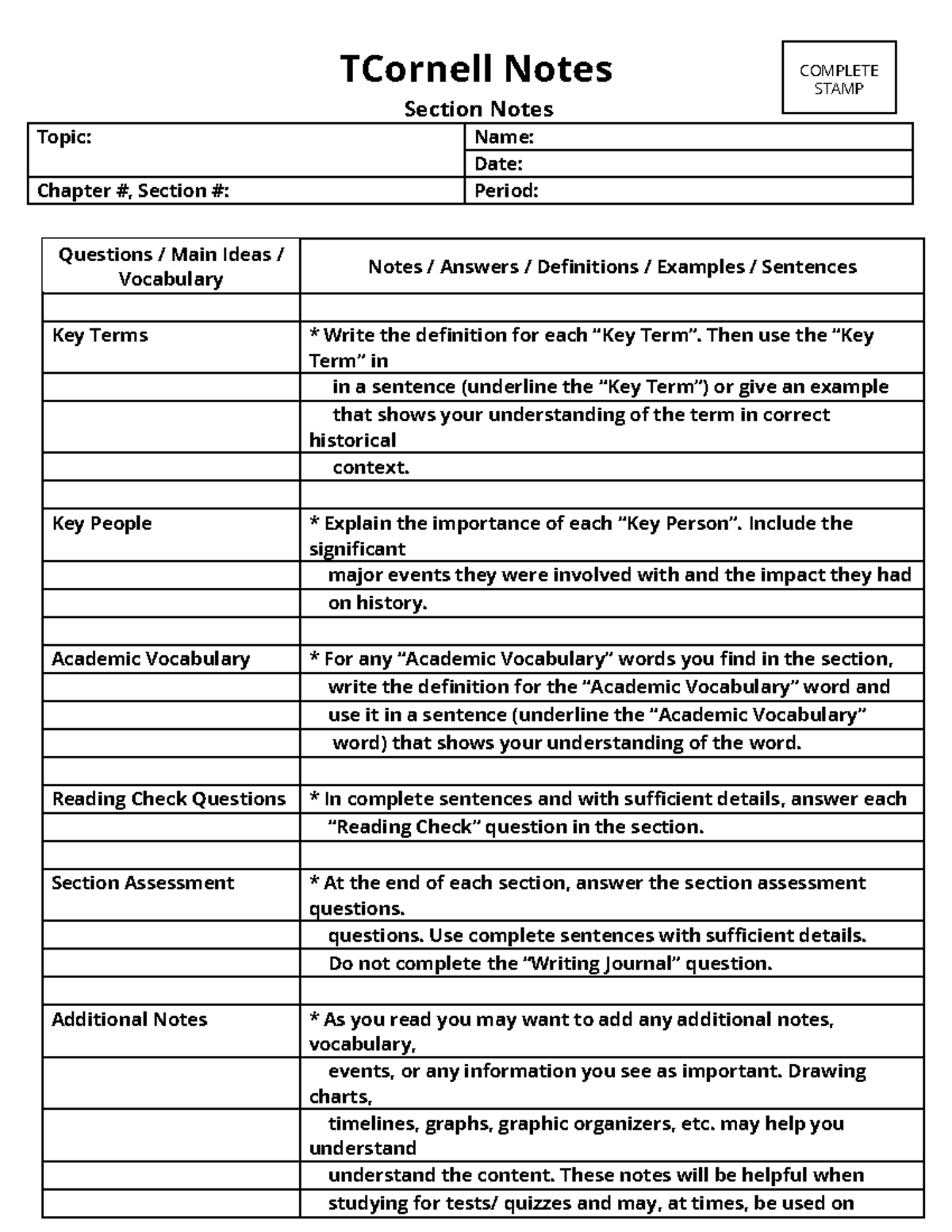 Notetaking System - assignment - TCornell Notes Section Notes Topic ...
