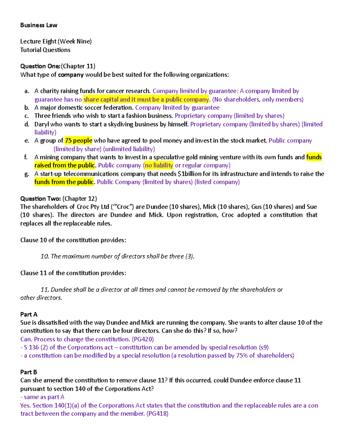 Business law tutorial week 8 answer - LAWS10-100 - Bond - Studocu