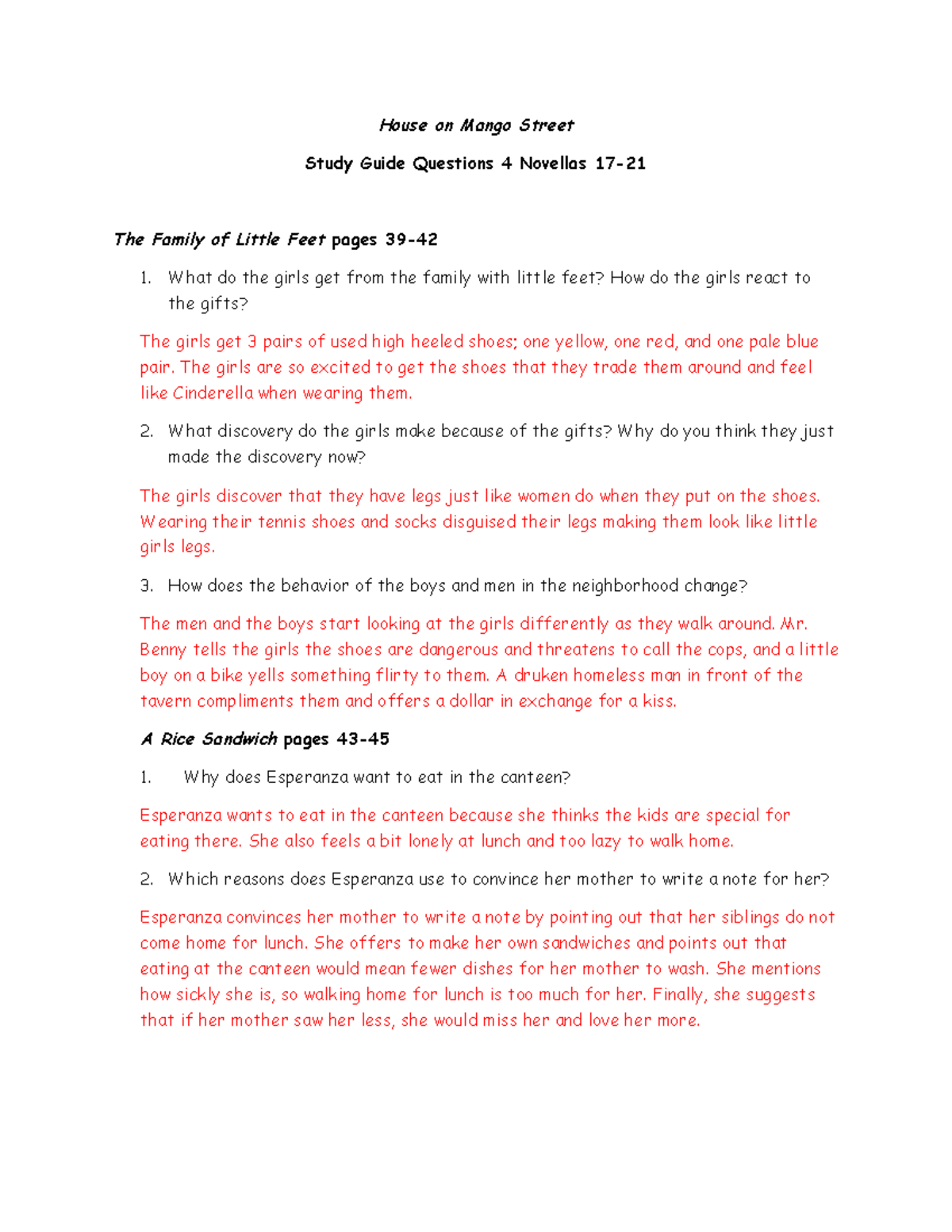 House on Mango Street Questions 4 answers - House on Mango Street Study ...