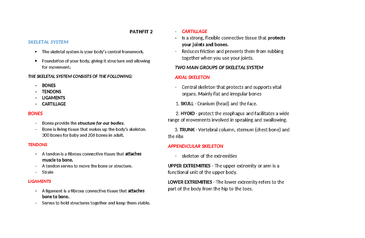 Pathfit- Reviewer - libreee lang i2 - PATHFIT 2 SKELETAL SYSTEM The ...