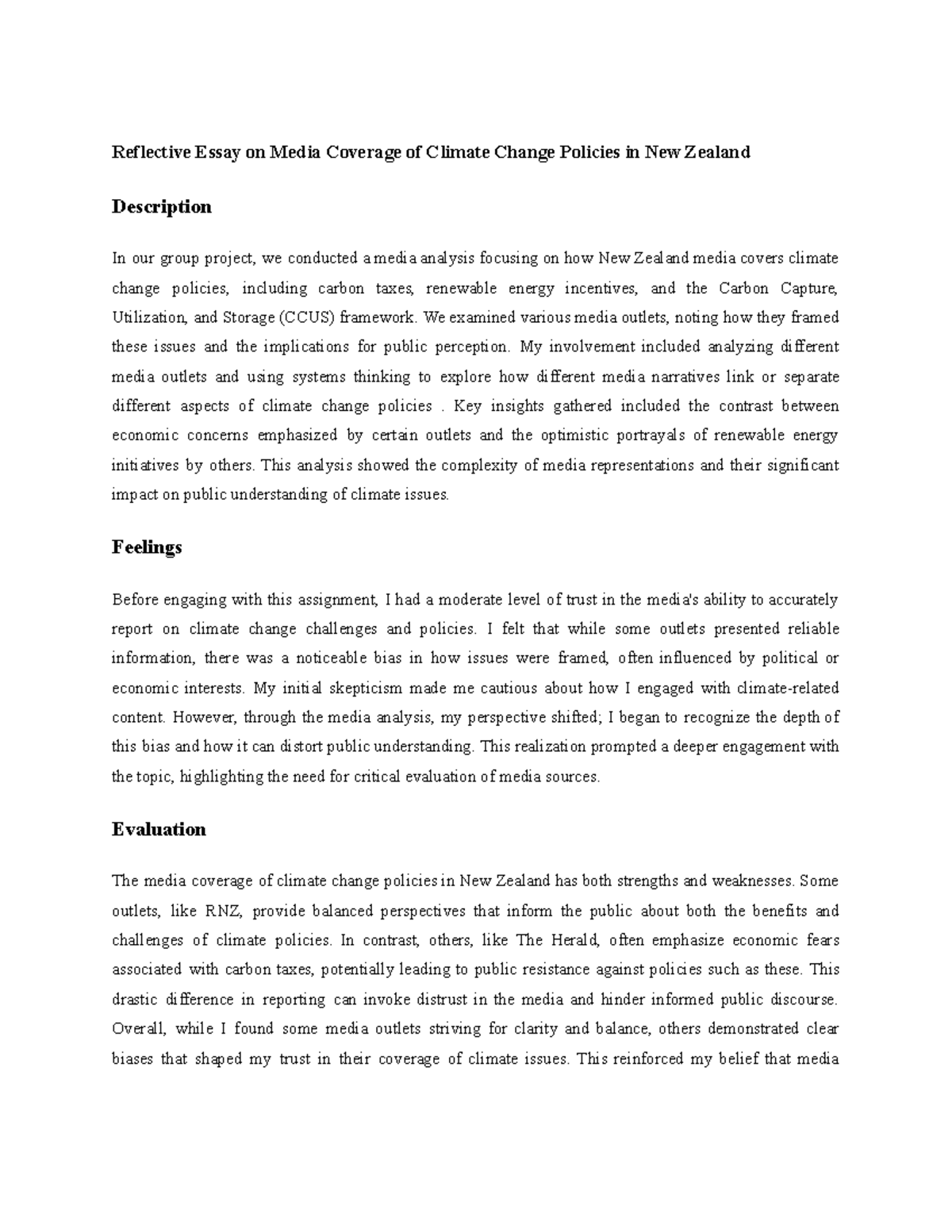 Reflective Essay on Media Coverage of Climate Change Policies in New ...
