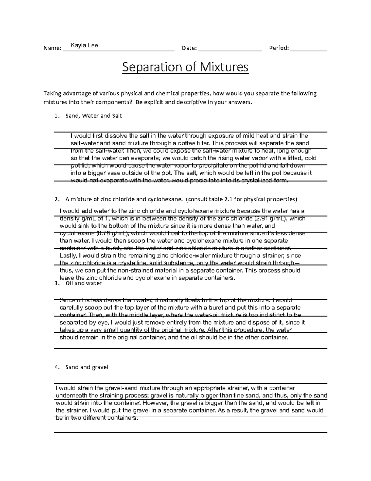 Separation of Mixtures - Name: Date: Period: Separation of Mixtures ...