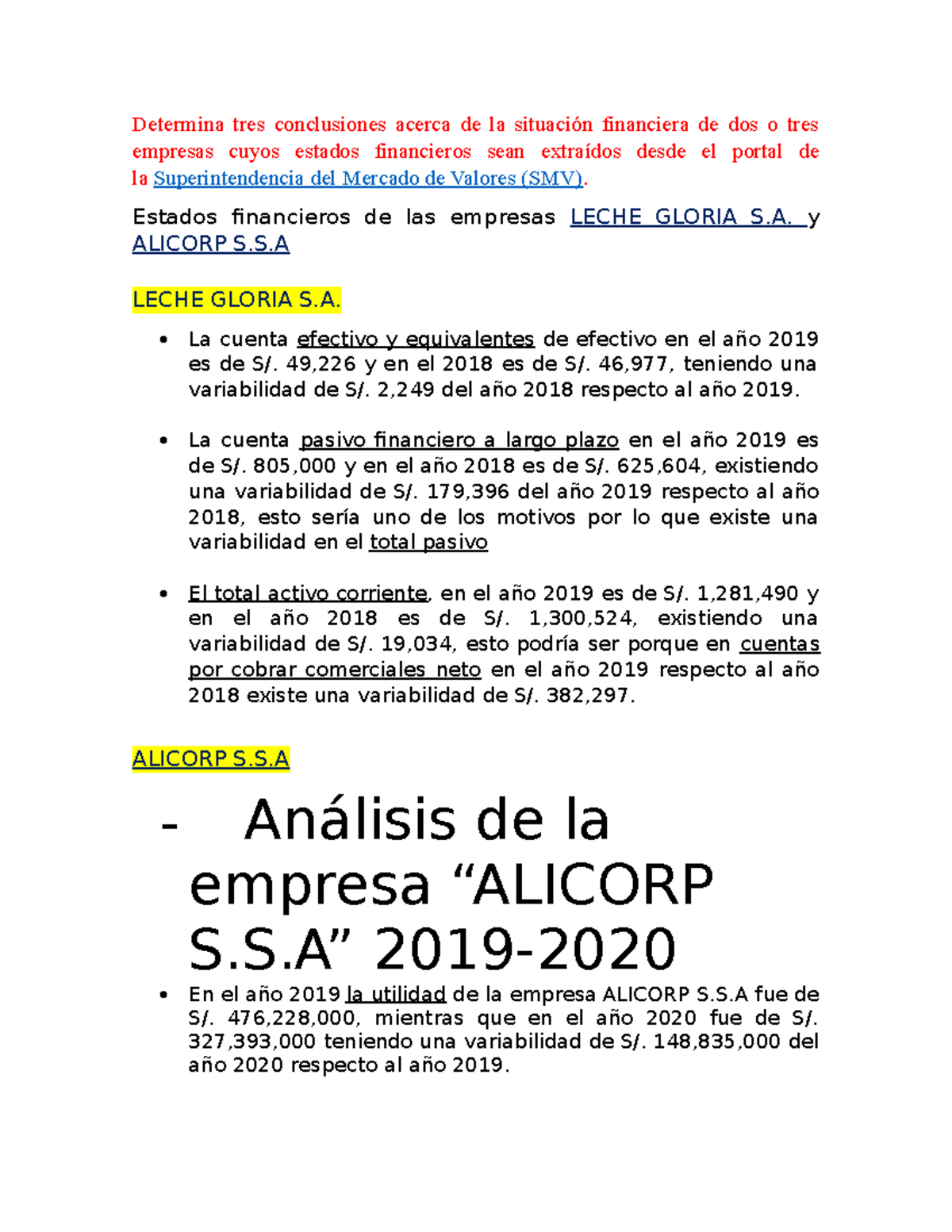 Estados financieros de las empresas Leche Gloria S.A. y Alicorp S - Determina tres conclusiones ...