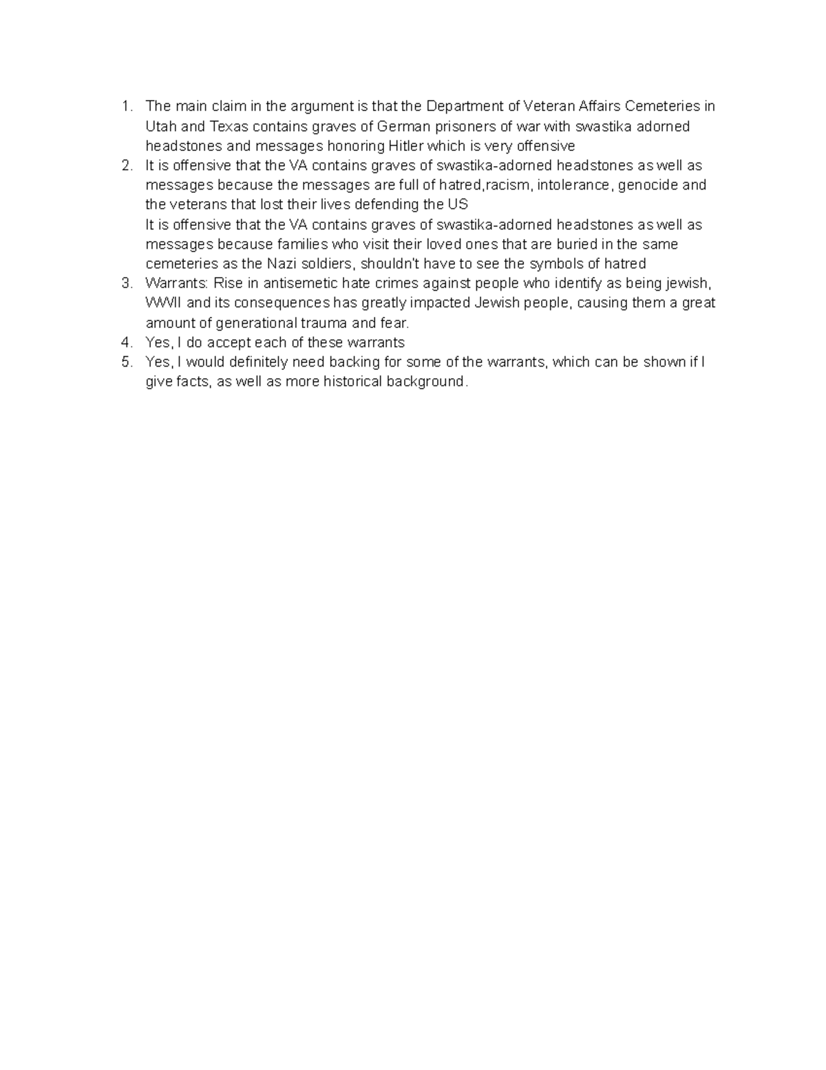 PW VI Worksheet for Warrants - The main claim in the argument is that ...