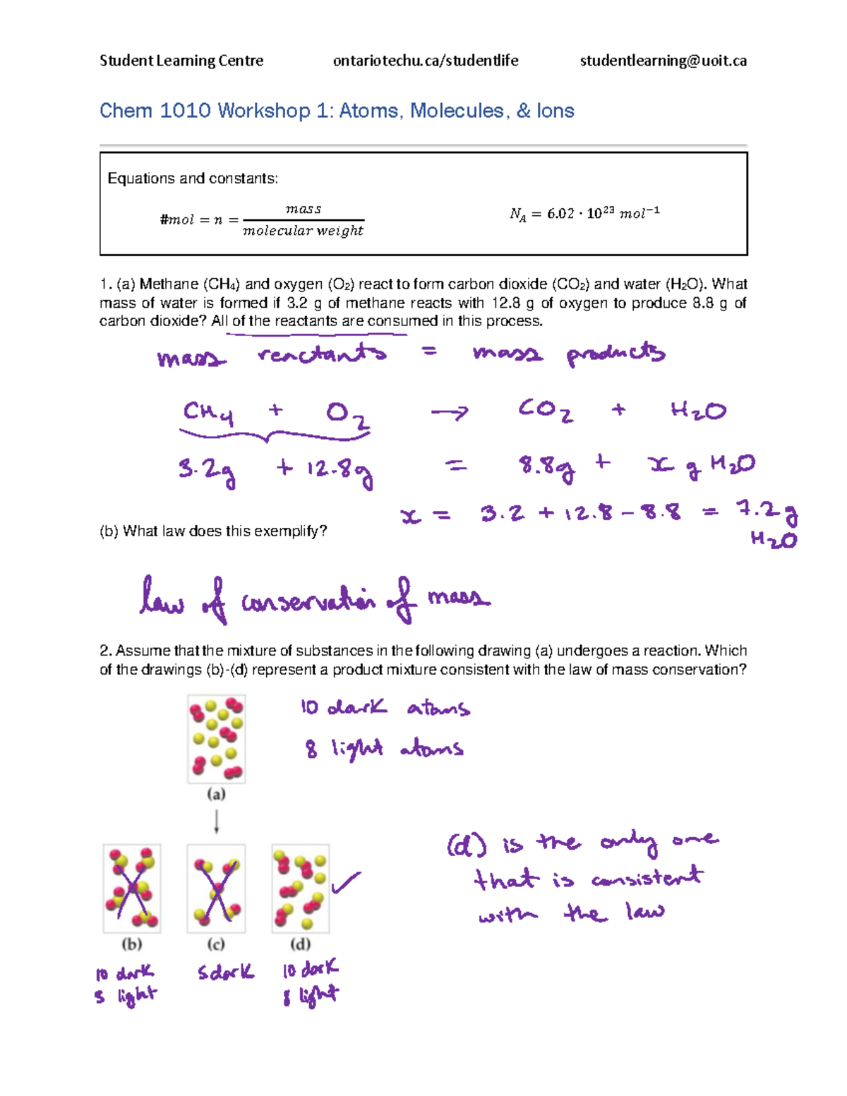 WS 1 solutions - Chem 1010 Workshop 1: Atoms, Molecules, & Ions ...