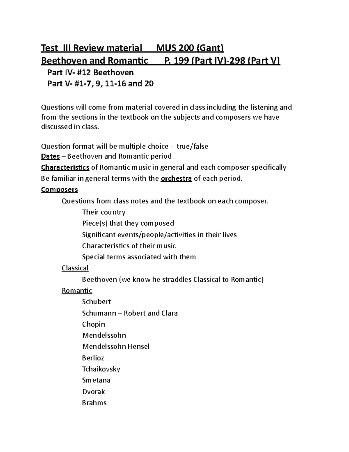 Beeth and Rom Era- 10th ed.- 2022 - Test III Review material MUS 200 ...