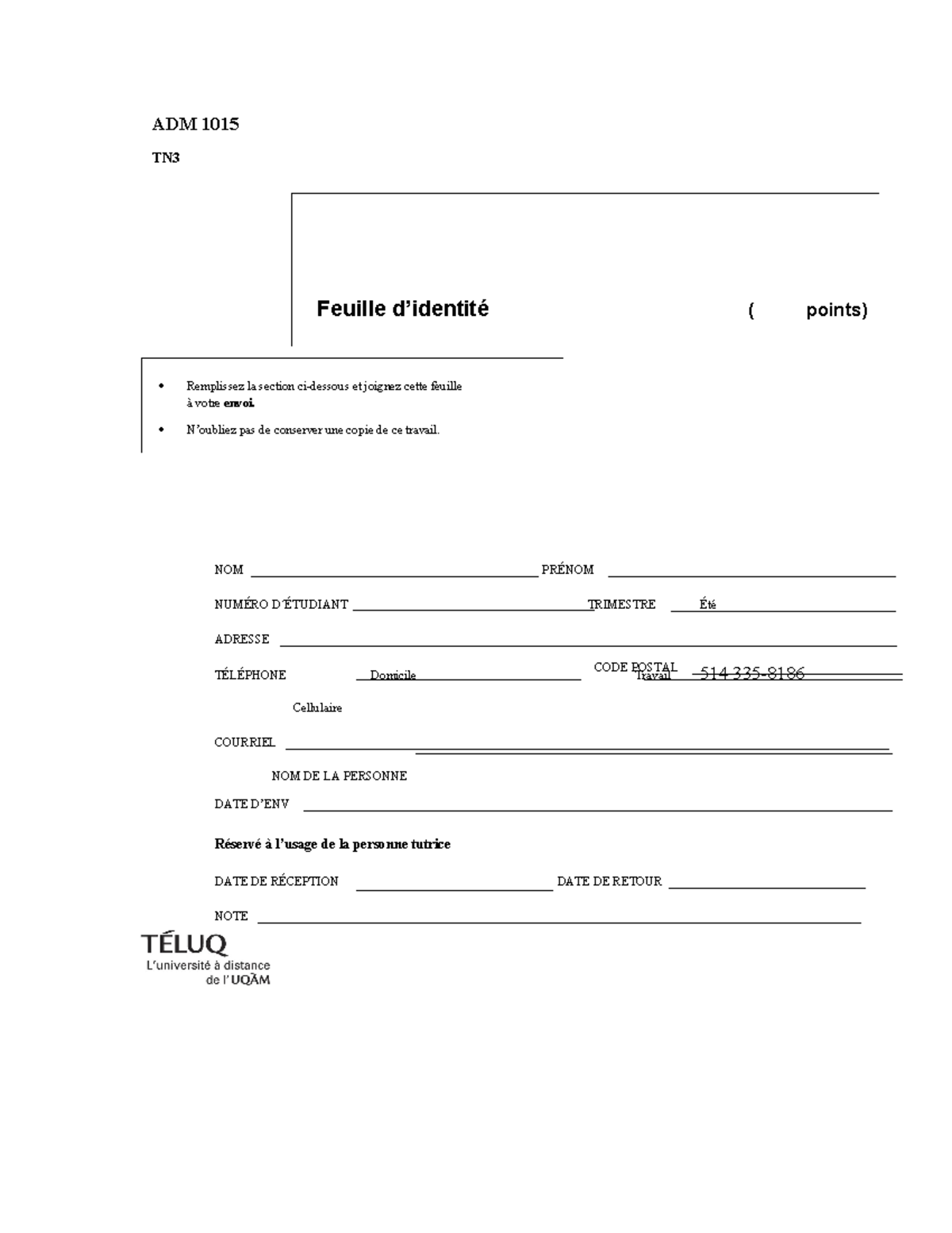 ADM 1015 TELUQ GESTION DES RESSOURCES HUMAINES - ADM 1015 TN Feuille d ...