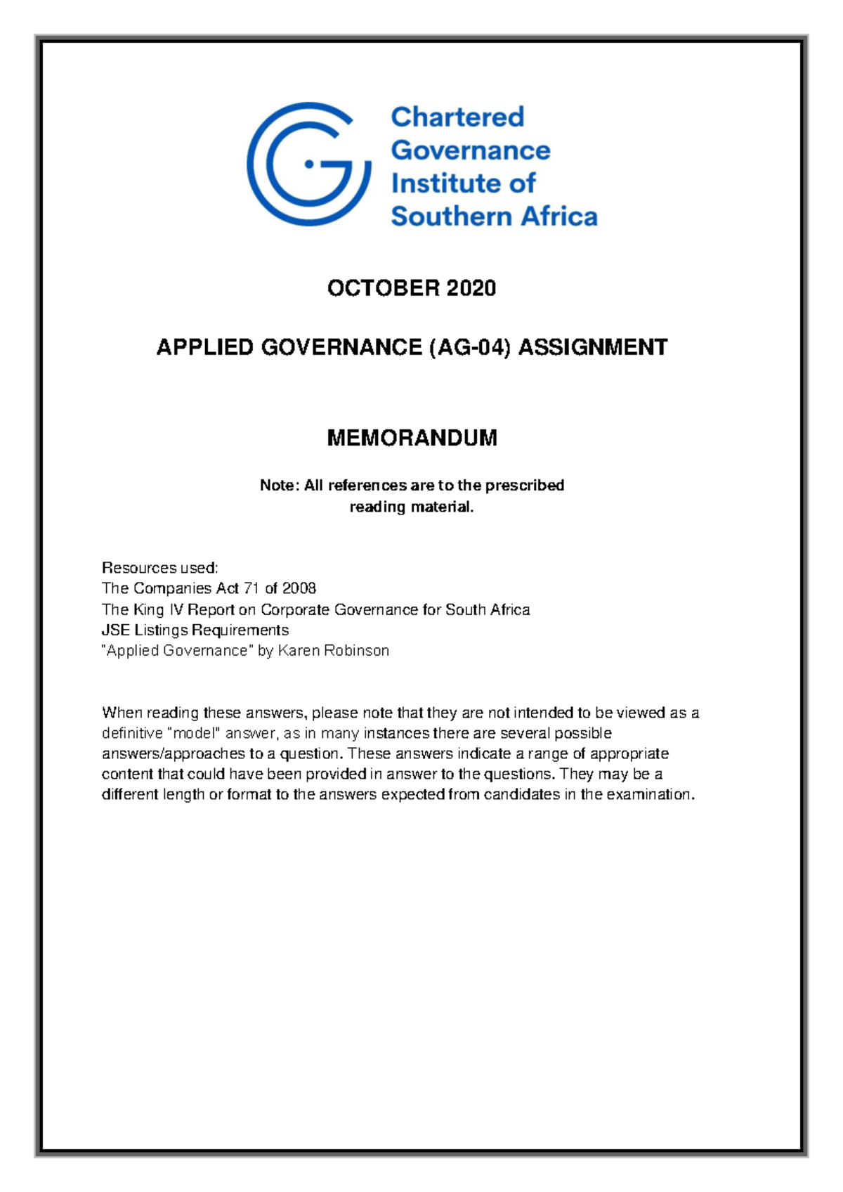 Ag memo 5 - OCTOBER 2020 APPLIED GOVERNANCE (AG-04) ASSIGNMENT ...