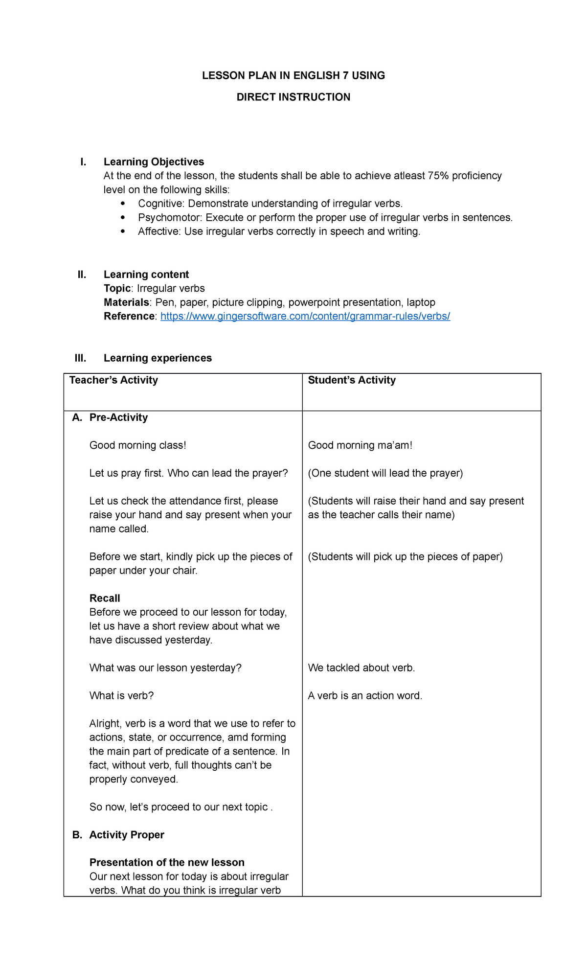 Direct Instruction - Lesson plan - LESSON PLAN IN ENGLISH 7 USING ...